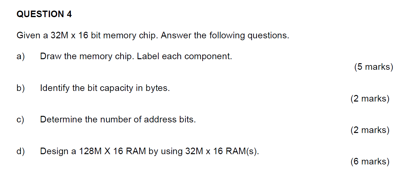 Solved QUESTION 4 Given a 32M x 16 bit memory chip. Answer | Chegg.com