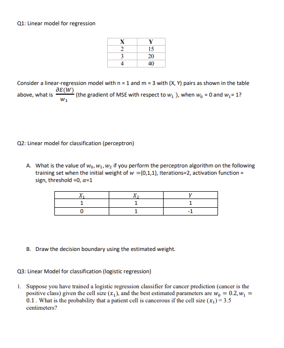 Solved Q1: Linear model for regression Consider a | Chegg.com Solved Q1: Linear model for regression Consider a | Chegg.com