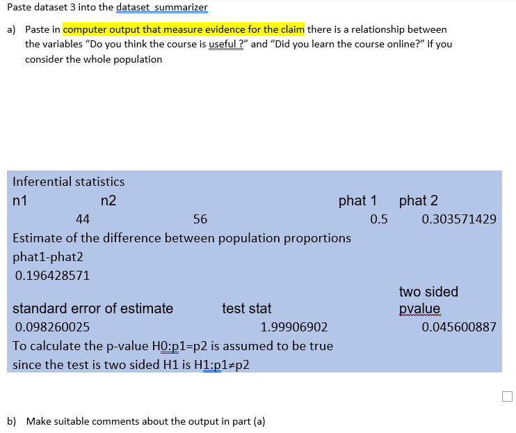 Solved Paste Dataset 3 Into The Dataset Summarizer A Paste