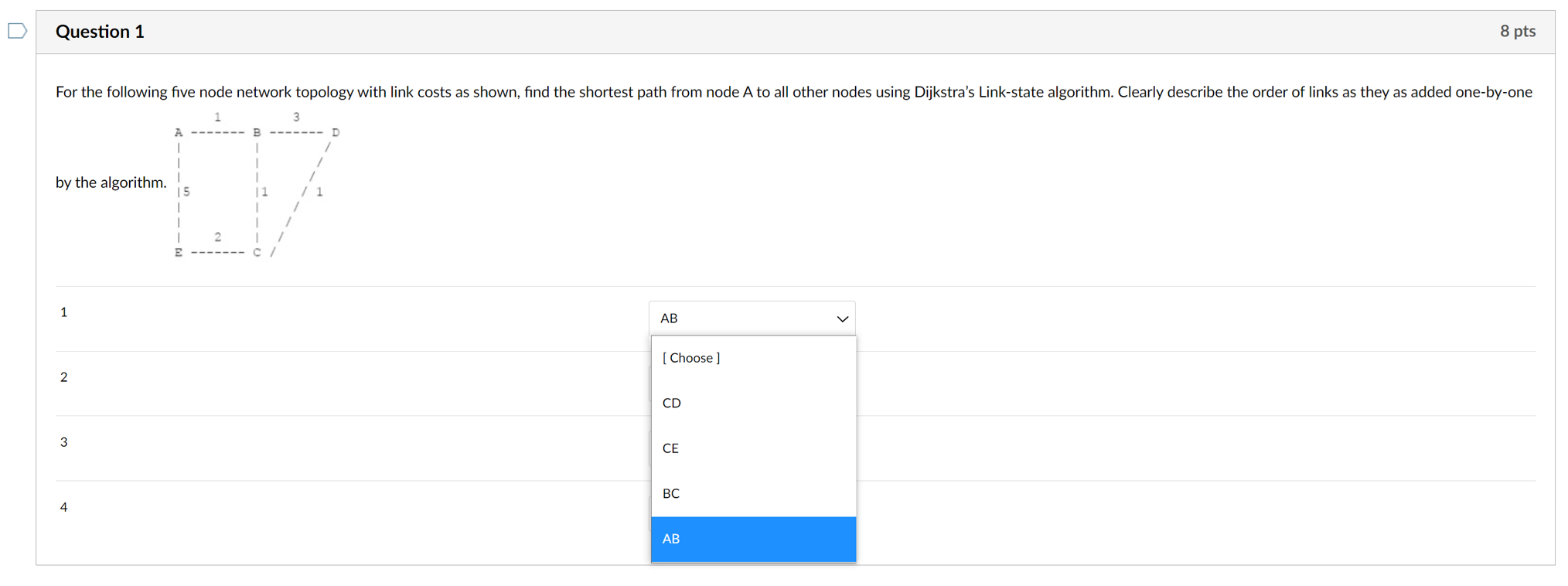 Solved D Question 1 8 pts For the following five node | Chegg.com