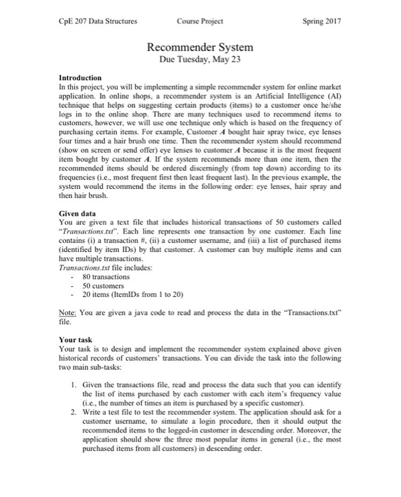 Spring 2017 CpE 207 Data Structures Course Project | Chegg.com