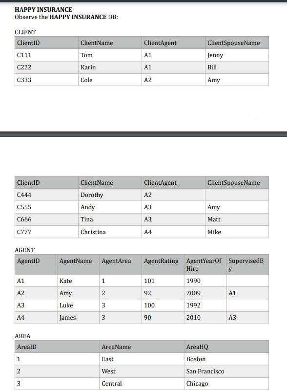 Solved HAPPY INSURANCE Observe the HAPPY INSURANCE DB: | Chegg.com