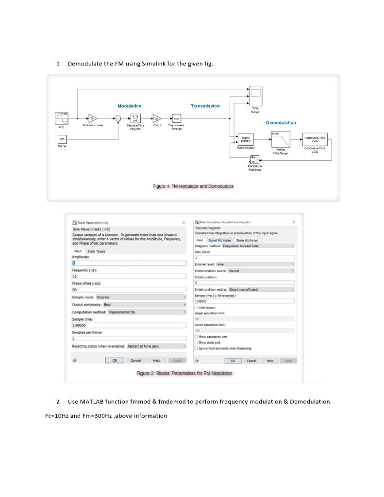 1. Demodulate the FM using Simulink for the given | Chegg.com