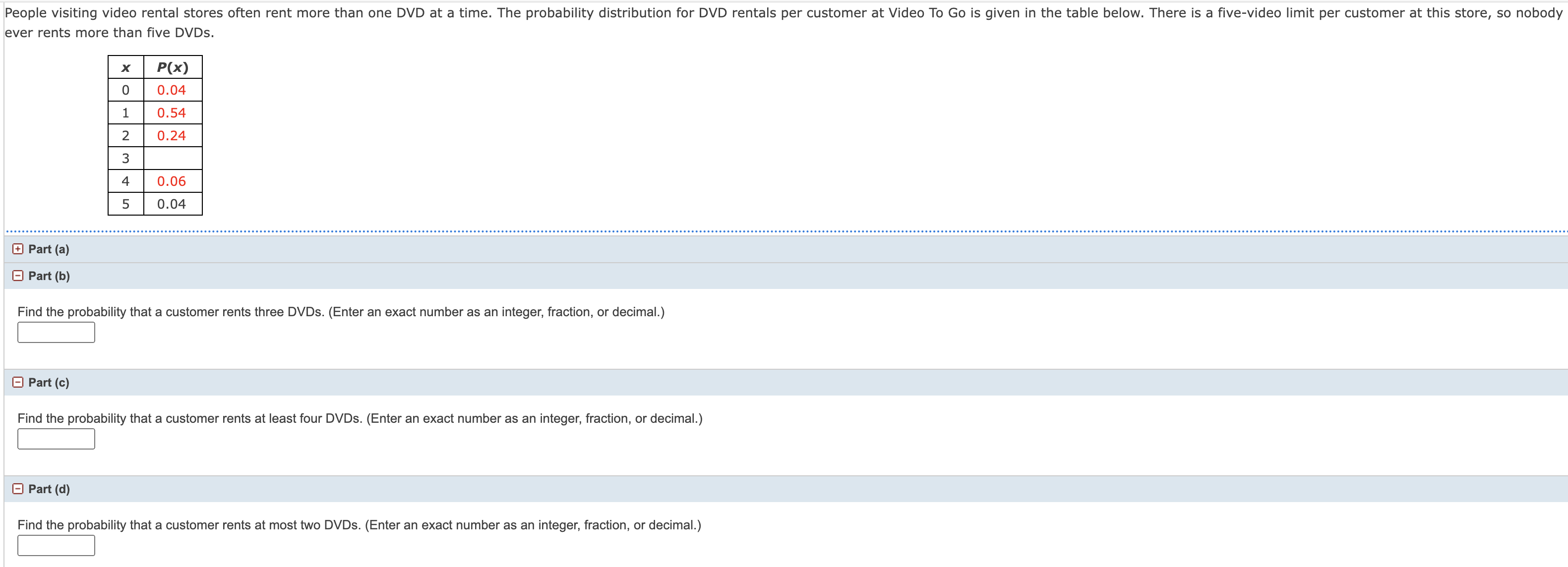 Solved ever rents more than five DVDs. \pm Part (a) 曰 Part | Chegg.com