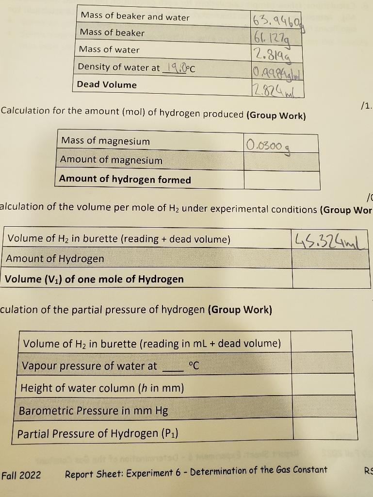 Solved Calculation for the amount (mol) of hydrogen produced | Chegg.com
