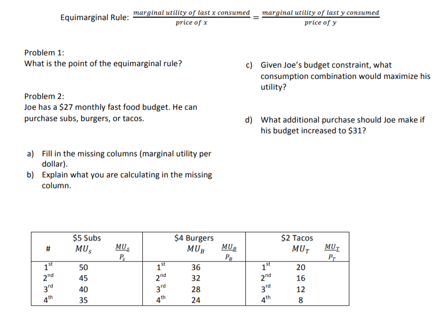 Solved Equimarginal Rule: marginal utility of last x | Chegg.com