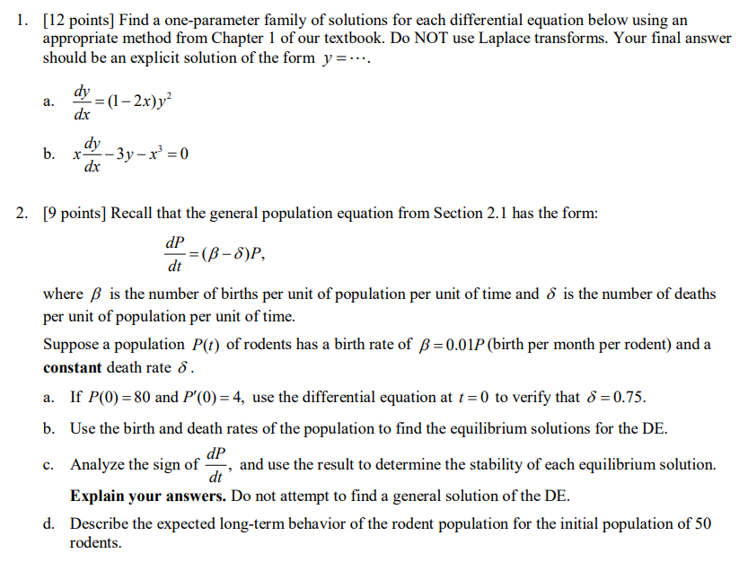 Solved 1. [12 points] Find a one-parameter family of | Chegg.com