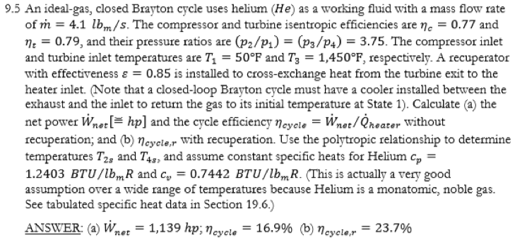 Solved 9.5 An ideal-gas, closed Brayton cycle uses helium | Chegg.com