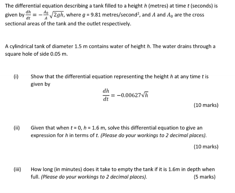 Solved The differential equation describing a tank filled to | Chegg.com