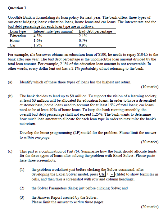Question 1 Goodlife Bank is formulating its loan | Chegg.com