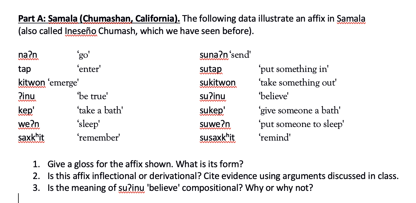 Part A: Samala (Chumashan, California). The following | Chegg.com