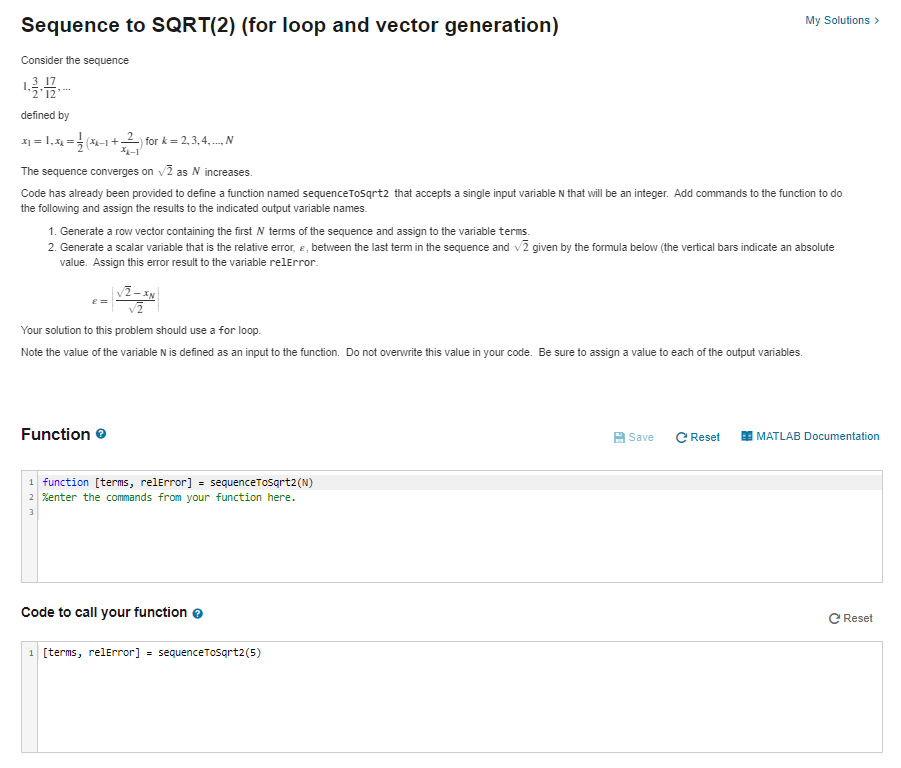 Solved Sequence to SQRT(2) (for loop and vector generation) | Chegg.com