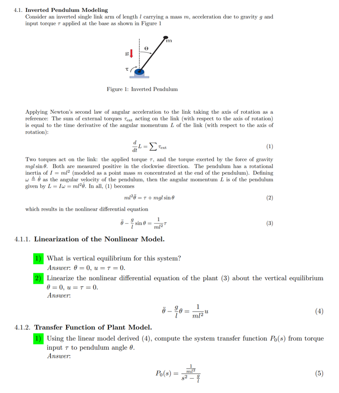 Solved 4.1. ﻿Inverted Pendulum ModelingConsider an inverted | Chegg.com