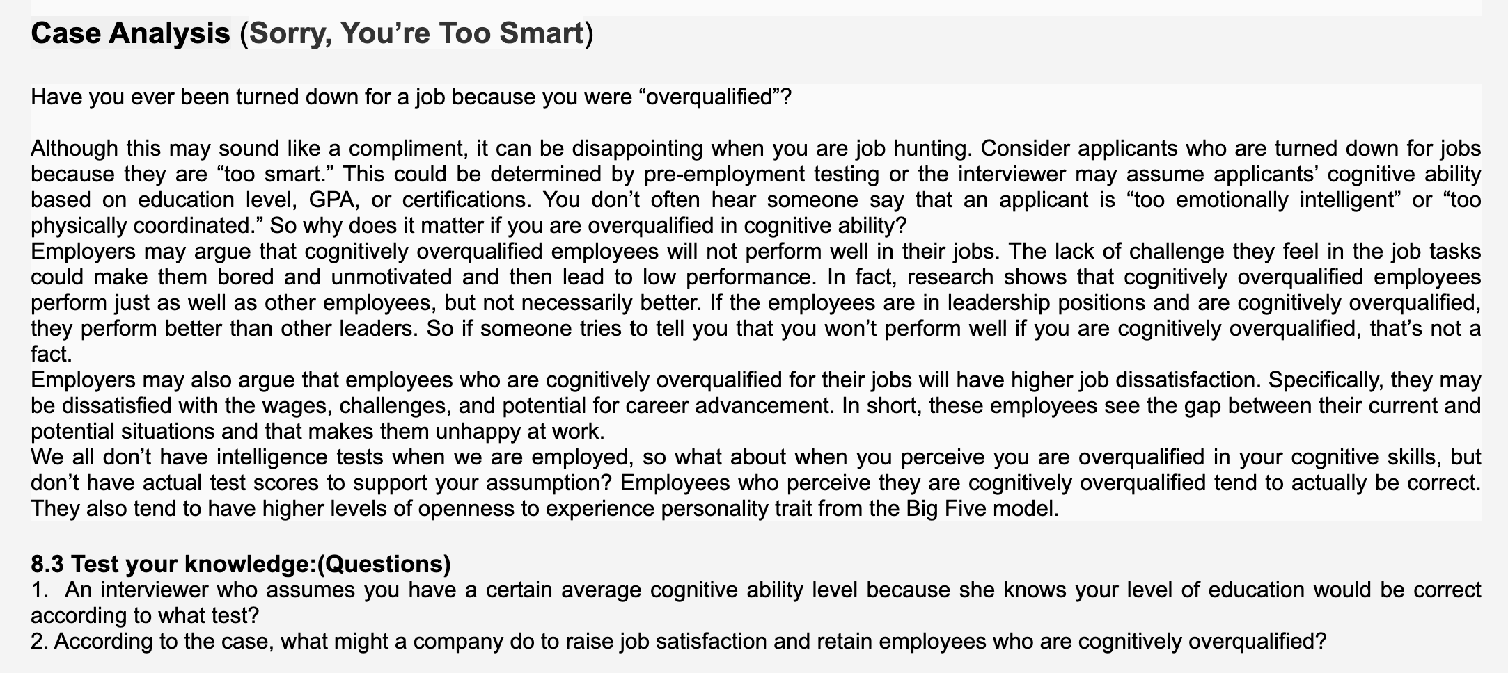 Solved Case Analysis (Sorry, You're Too Smart) Have you ever | Chegg.com