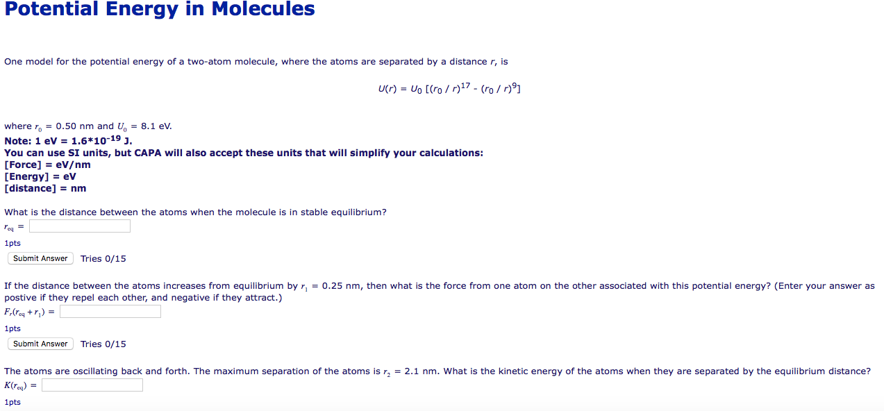 Solved Potential Energy in Molecules One model for the | Chegg.com