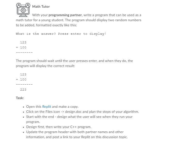 Solved Math Tutor With your programming partner, write a | Chegg.com