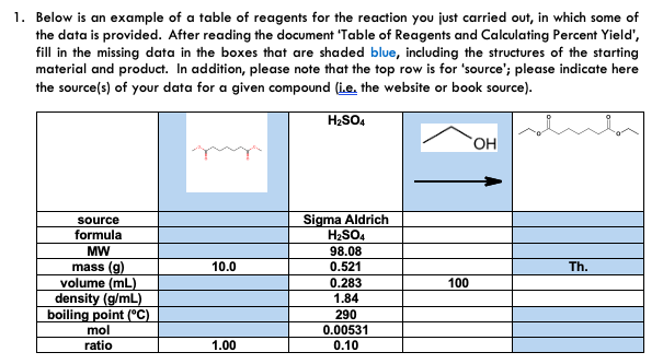 Solved 1. Below is an example of a table of reagents for the | Chegg.com