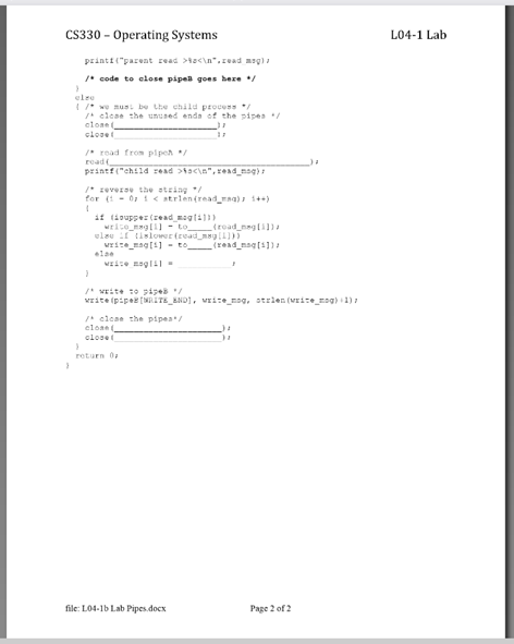 CS330 - Operating Systems L04-1 Lab Pipes Lab Using | Chegg.com