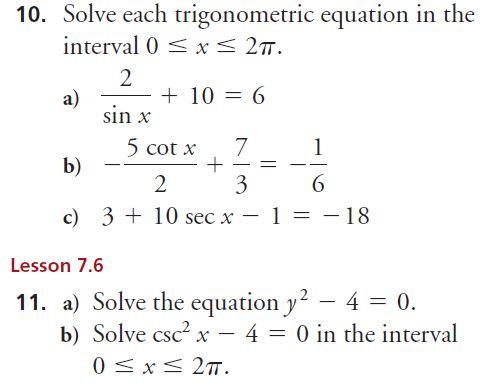 Solved 10. Solve each trigonometric equation in the interval | Chegg.com