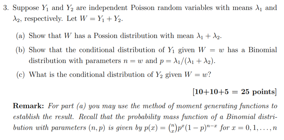 Solved 3. Suppose Y¡ and Y2 are independent Poisson random | Chegg.com