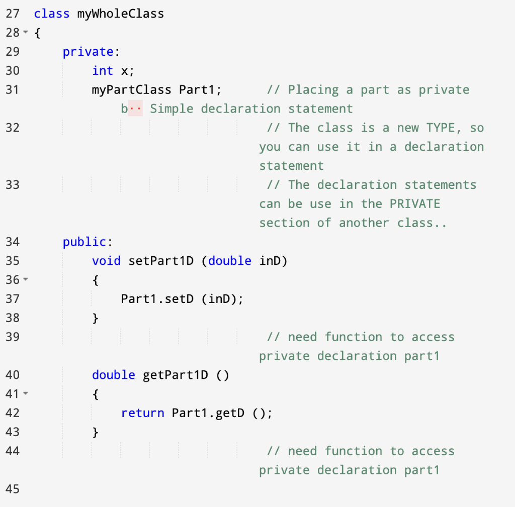 Solved 27 class myWholeclass 28−{ 29 private: 30 int x; 31 | Chegg.com