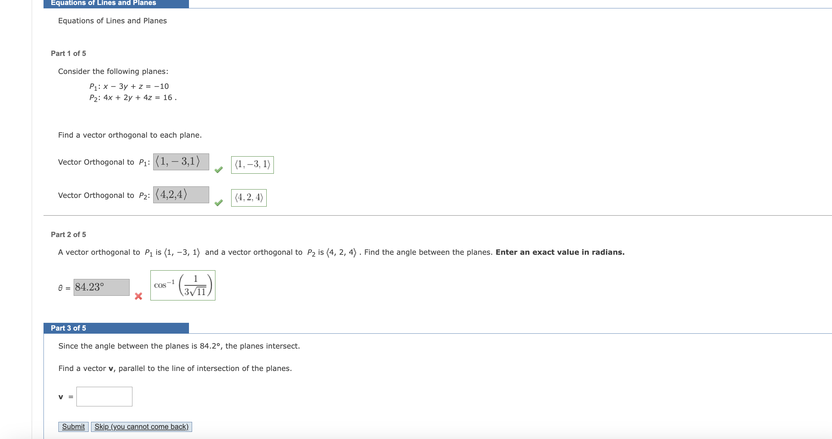 Solved Equations of Lines and Planes\\nPart 1 of | Chegg.com