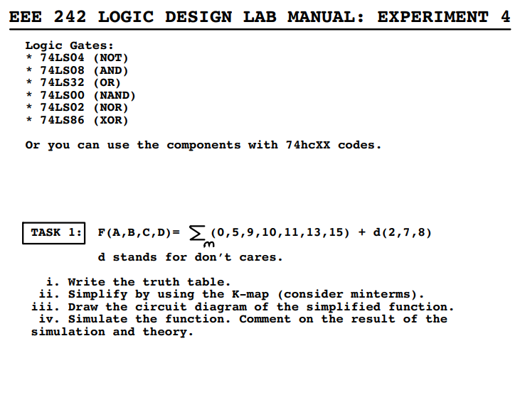 Solved EEE 242 LOGIC DESIGN LAB MANUAL: EXPERIMENT 4 : Logic | Chegg.com
