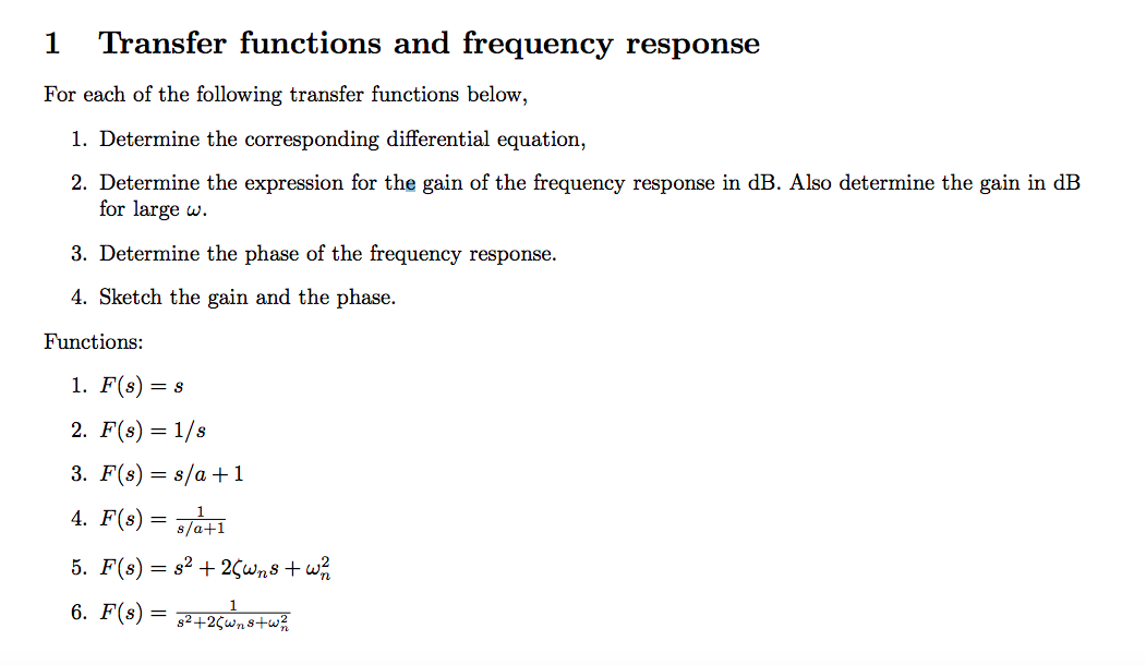 Solved 1 Transfer functions and frequency response For each | Chegg.com