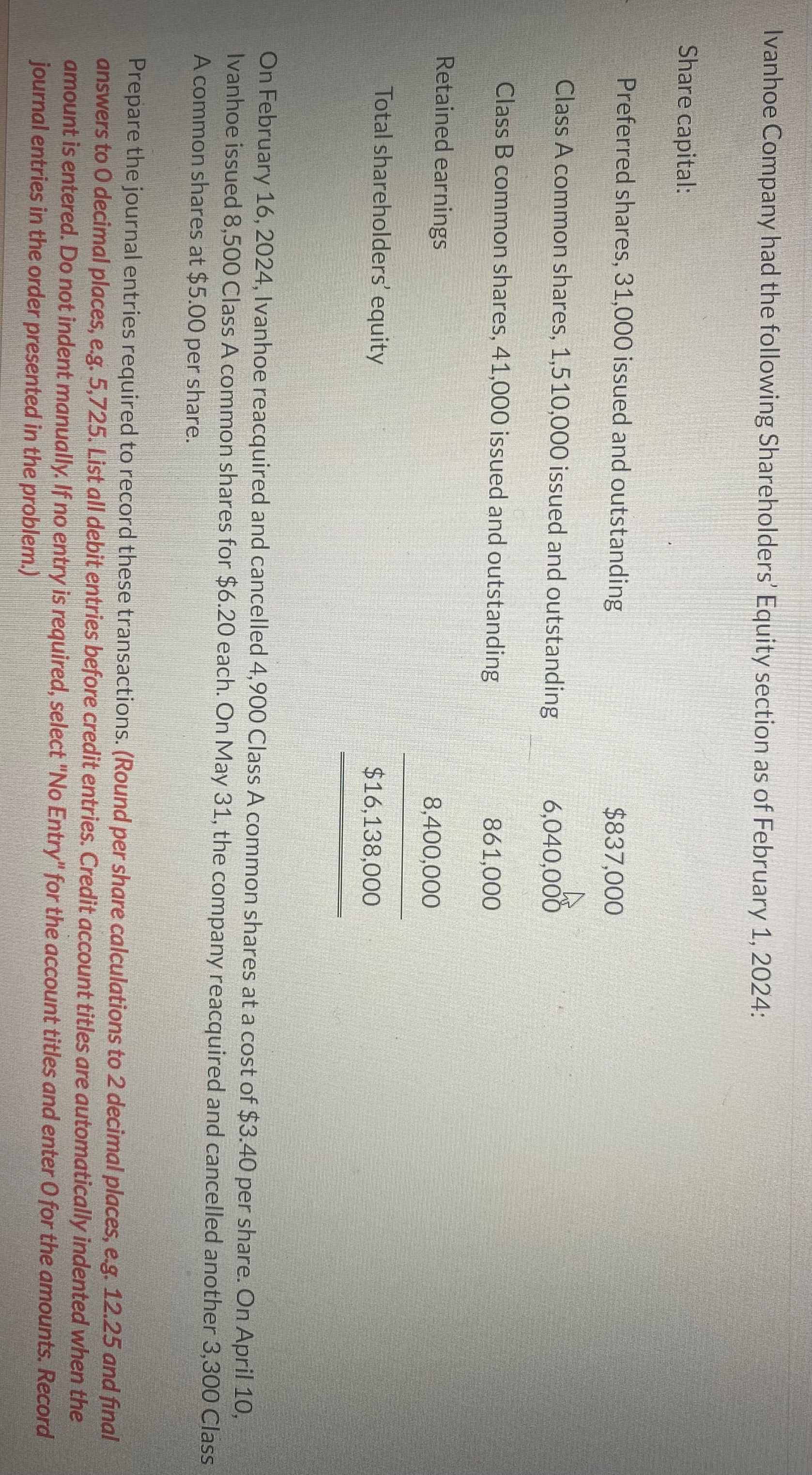 Solved 16.2024- common share contributed surplus cash | Chegg.com