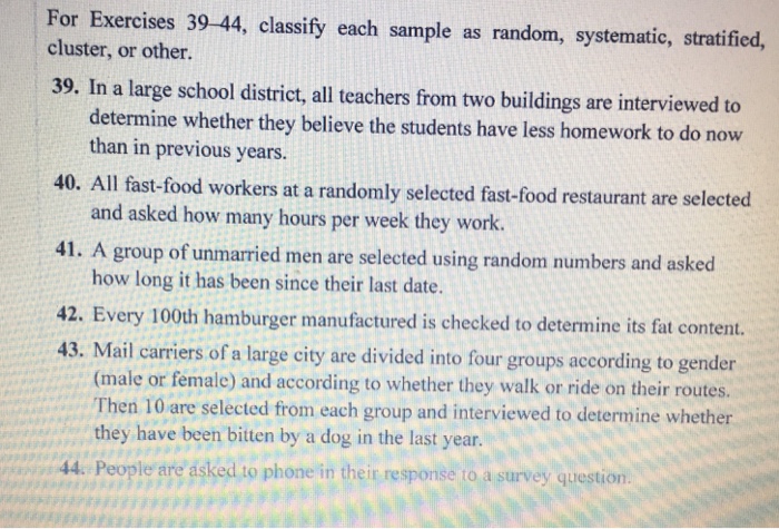 Solved For Exercises 39-44, classify each sample as random, | Chegg.com