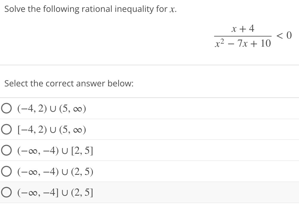 Solved Solve the following rational inequality for x. | Chegg.com