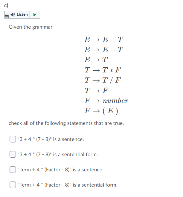 Solved Question 2, a) Listen Consider the following grammar: | Chegg.com