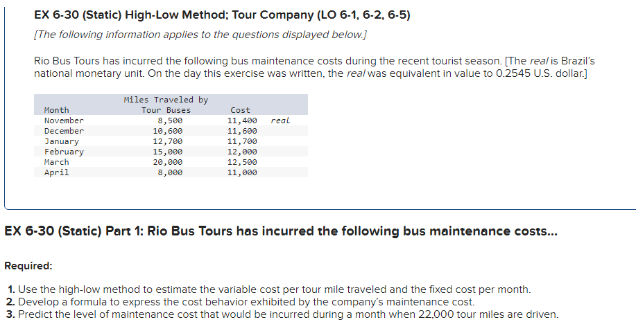 Solved EX 6-30 (Static) High-Low Method; Tour Company (LO | Chegg.com