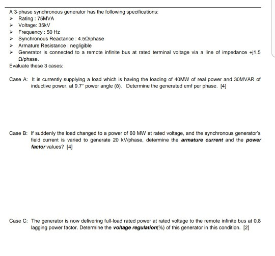 Solved A 3-phase synchronous generator has the following | Chegg.com