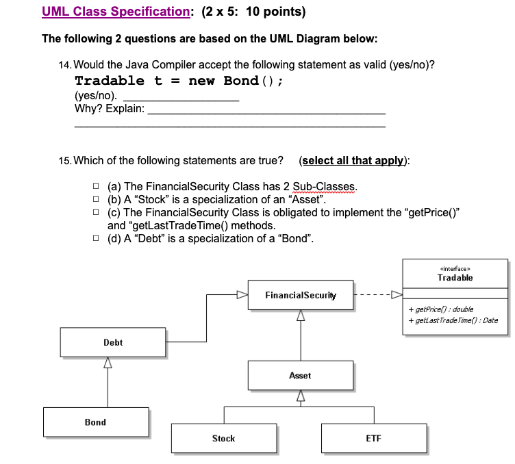 Solved UML Class Specification: (2 x 5: 10 points) The | Chegg.com