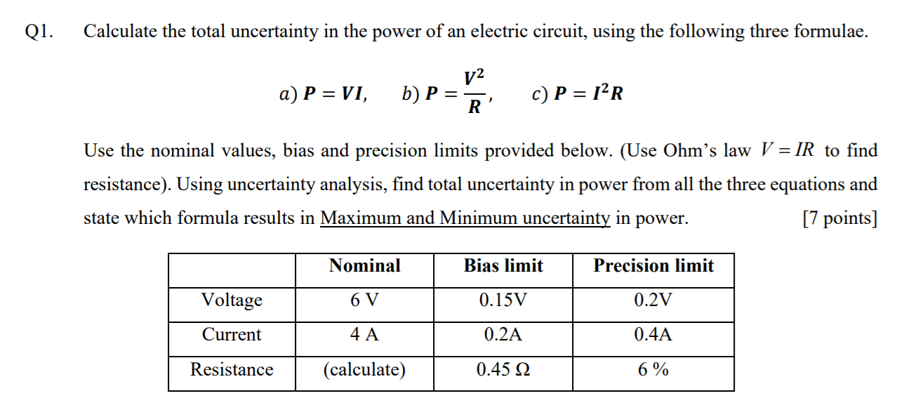 Solved Q1. Calculate the total uncertainty in the power of | Chegg.com