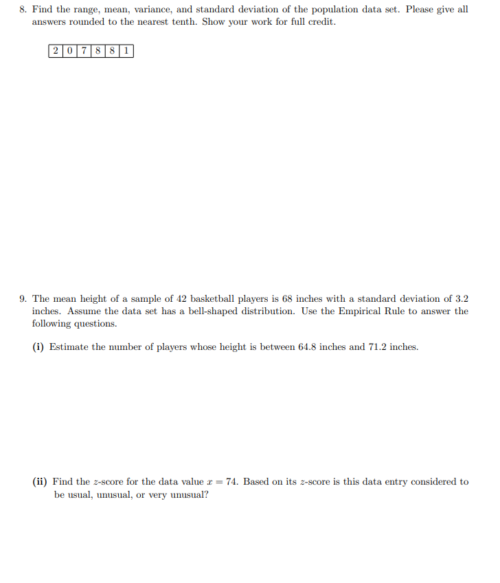 Solved 8. Find the range, mean, variance, and standard | Chegg.com