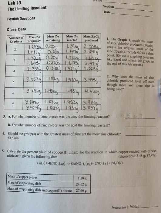 Solved Lab 10 The Limiting Reactant Section Date Postlab