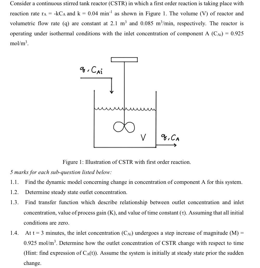 Solved Consider a continuous stirred tank reactor (CSTR) in | Chegg.com