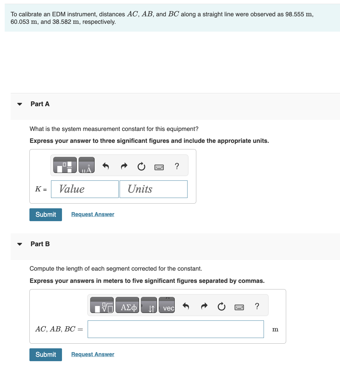 Solved To calibrate an EDM instrument, distances \( ﻿A C, ﻿A | Chegg.com