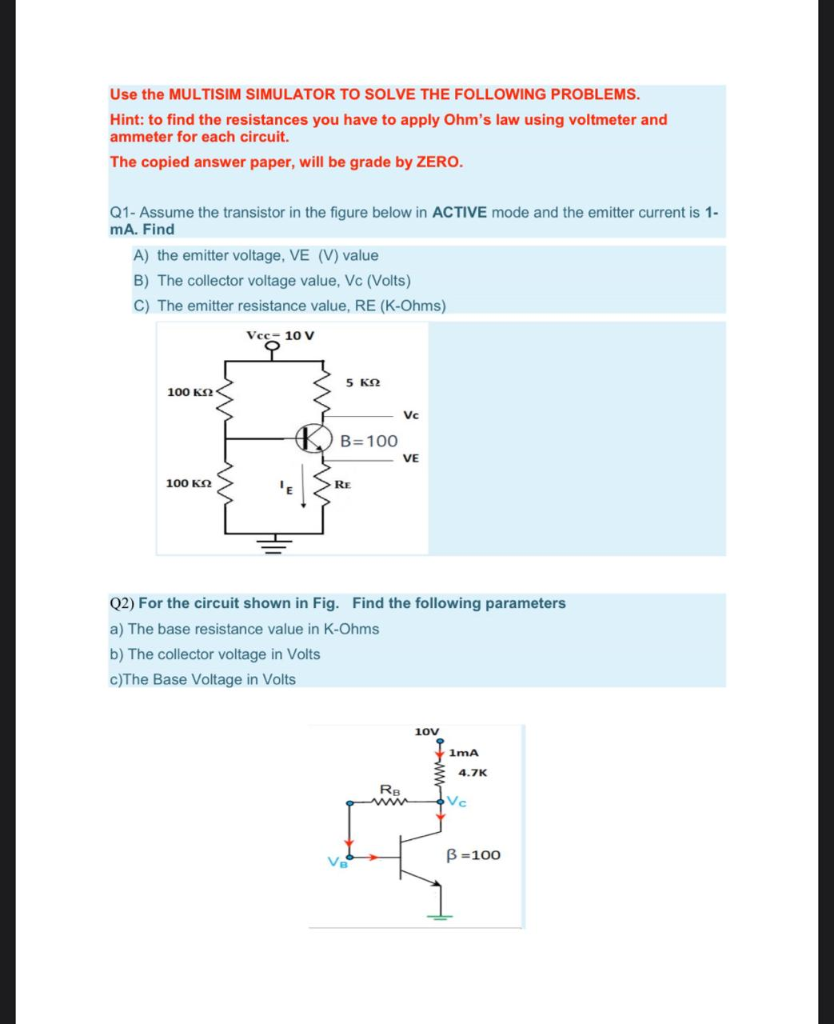 Use the MULTISIM SIMULATOR TO SOLVE THE FOLLOWING | Chegg.com