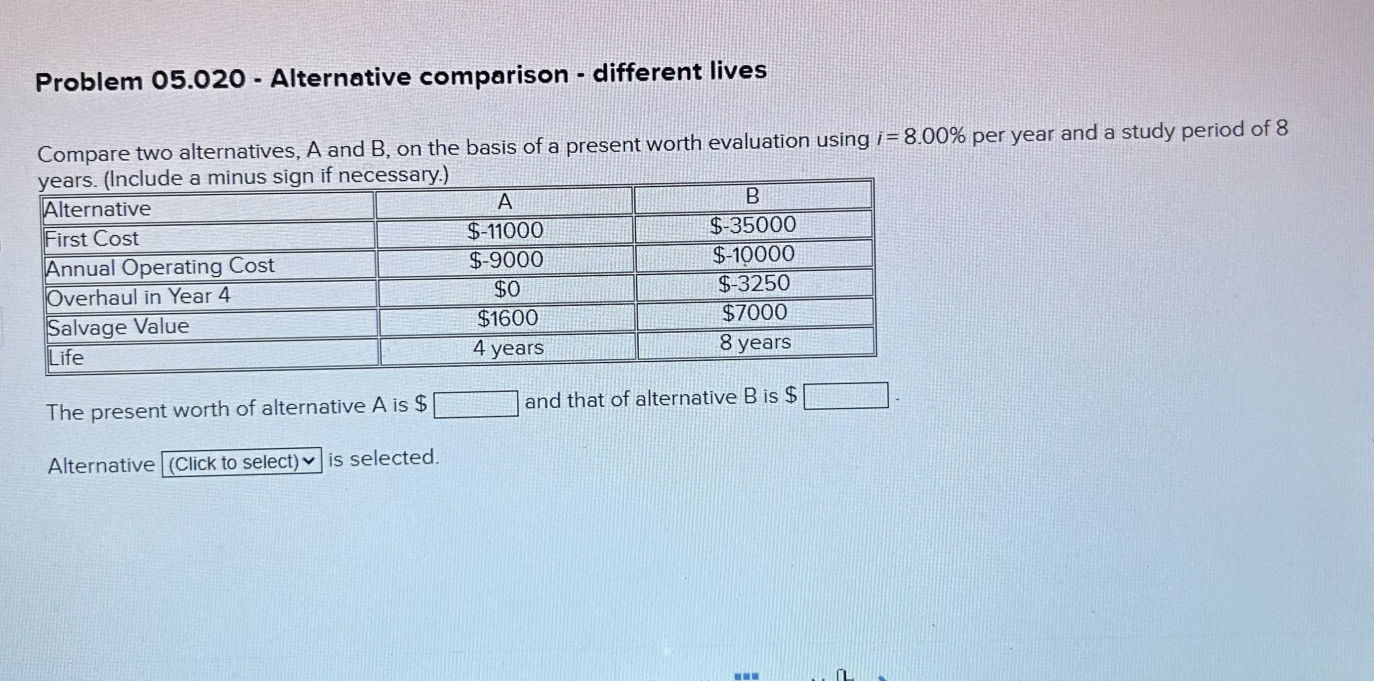 Solved Problem 05.020 - ﻿Alternative comparison - ﻿different | Chegg.com