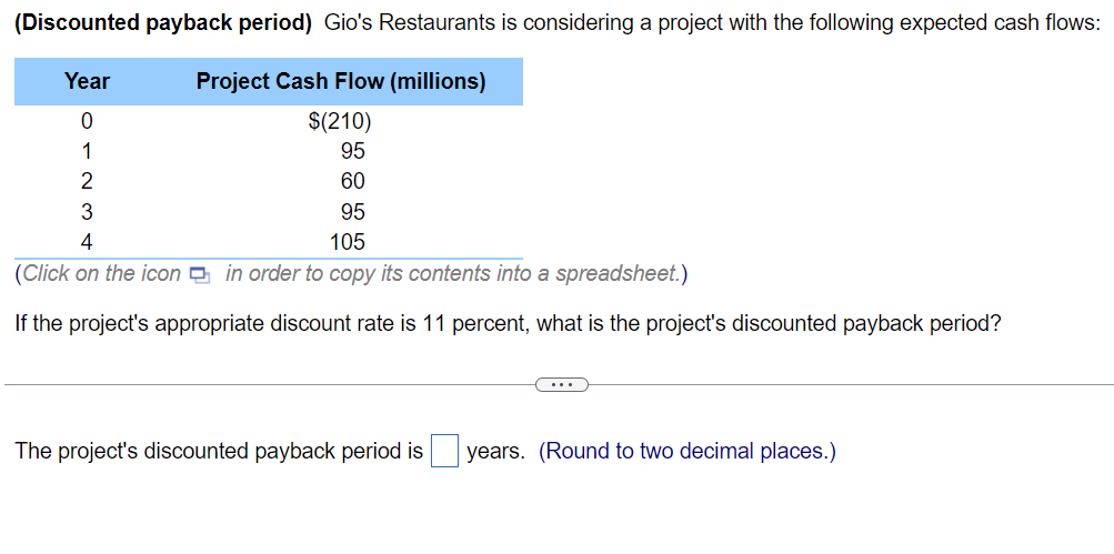 Solved (Discounted payback period) Gio's Restaurants is | Chegg.com