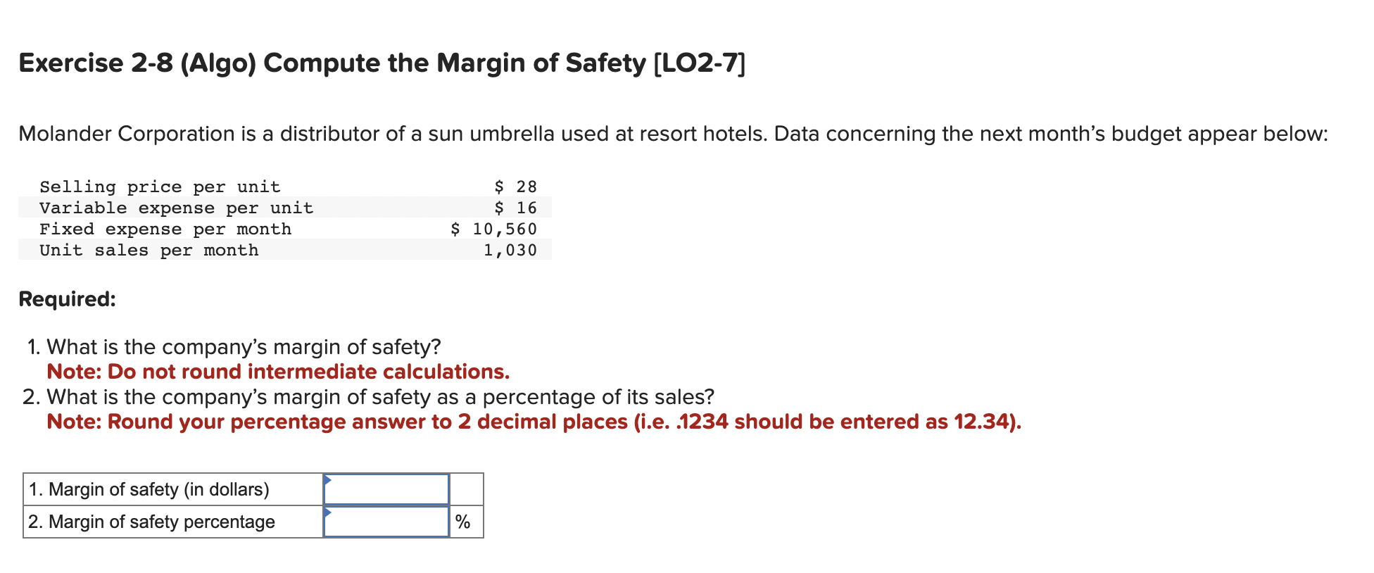Solved Exercise 2-8 (Algo) Compute the Margin of Safety | Chegg.com
