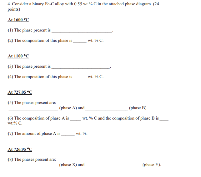 Solved 4. Consider a binary Fe-C alloy with 0.55 wt%C in the | Chegg.com