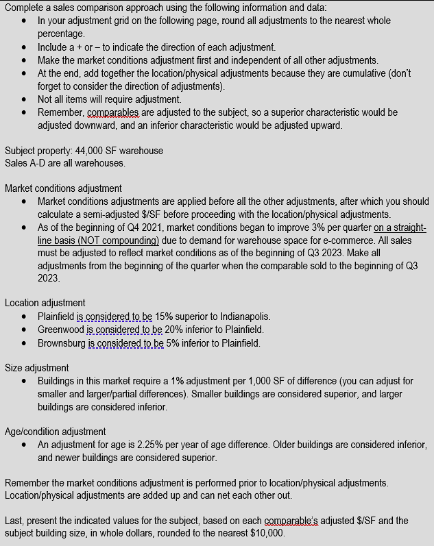 Solved Complete a sales comparison approach using the | Chegg.com