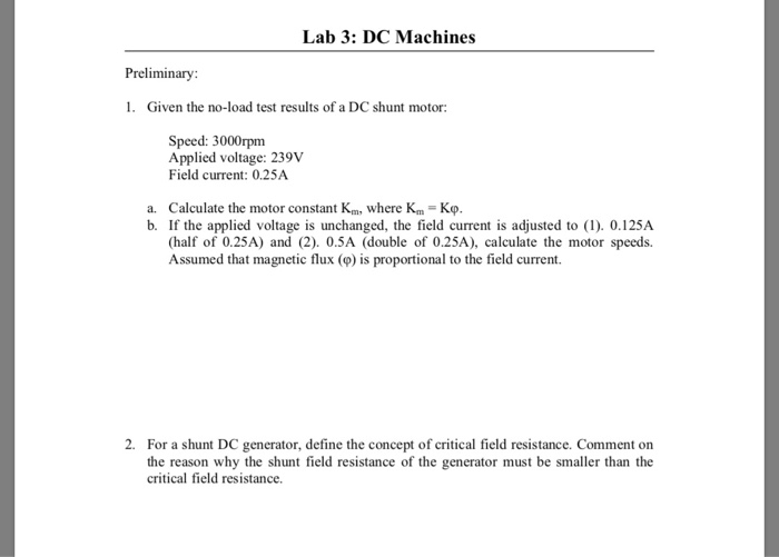 Solved Lab 3: DC Machines Preliminary 1. Given the no-load | Chegg.com