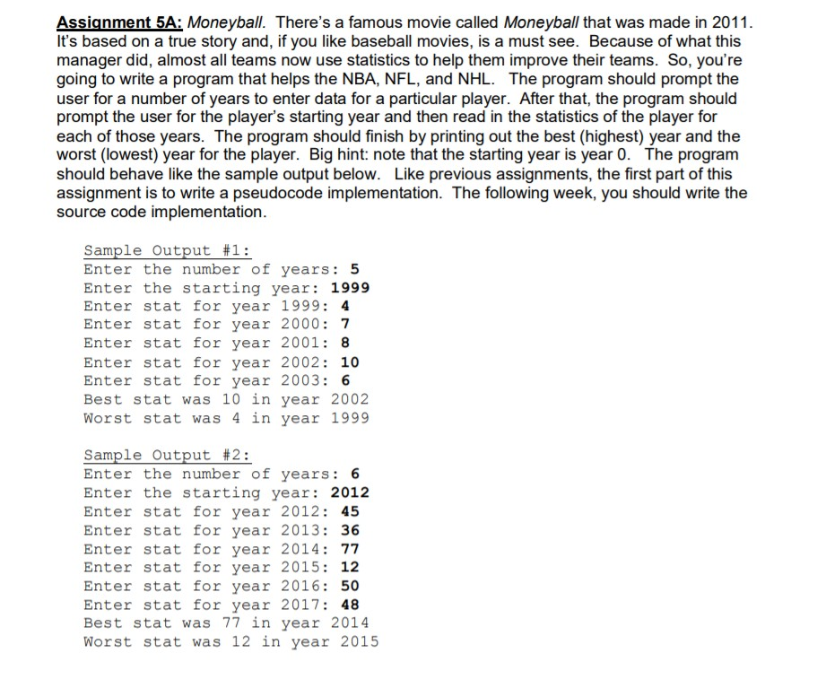 Solved Assignment 5A: Moneyball. There's a famous movie | Chegg.com