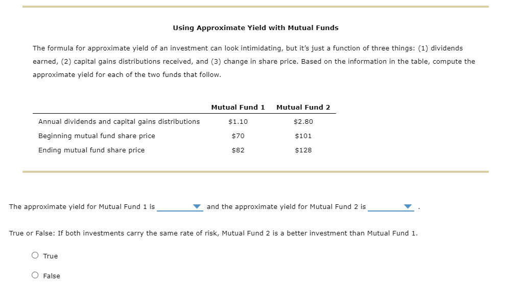 Solved Using Approximate Yield with Mutual Funds The formula | Chegg.com