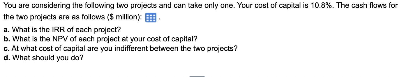 Solved You are considering the following two projects and | Chegg.com